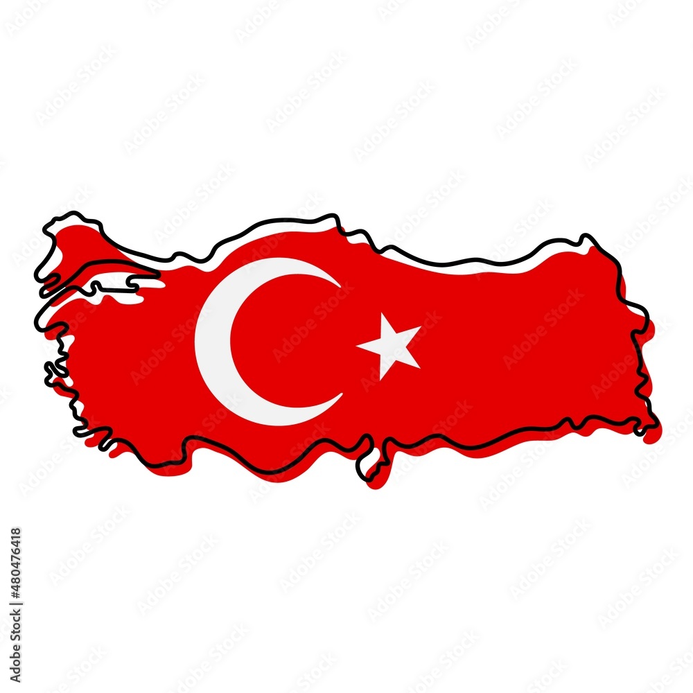 Stylized outline map of Turkey with national flag icon. Flag color map ...
