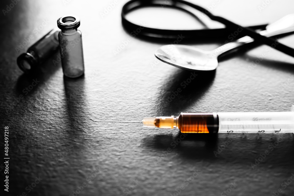 Heroin in syringe. narcotics, dangerous drug destroy lungs, suffer from ...