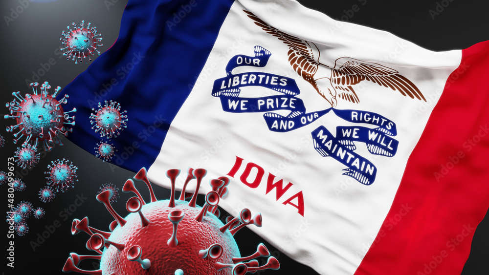 Iowa and covid pandemic - virus attacking a state flag of Iowa as a ...