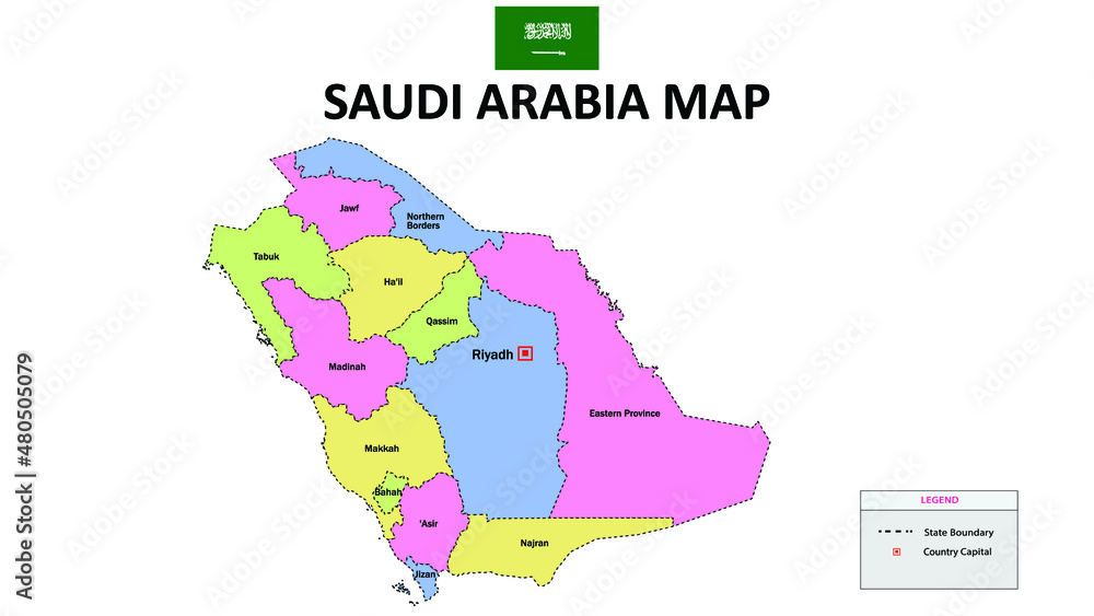 Saudi Arabia Map. Saudi Arabia Map with color background and all states ...