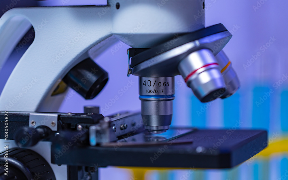 Closeup studio shot of magnifier zooming lens microscope camera placing ...