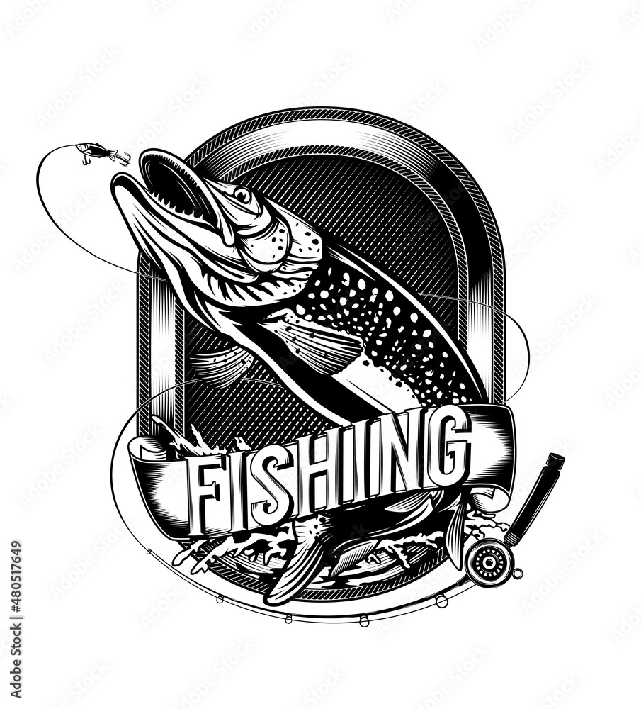 Pike fishing emblem. Pike fish logo vector. Outdoor fishing background ...