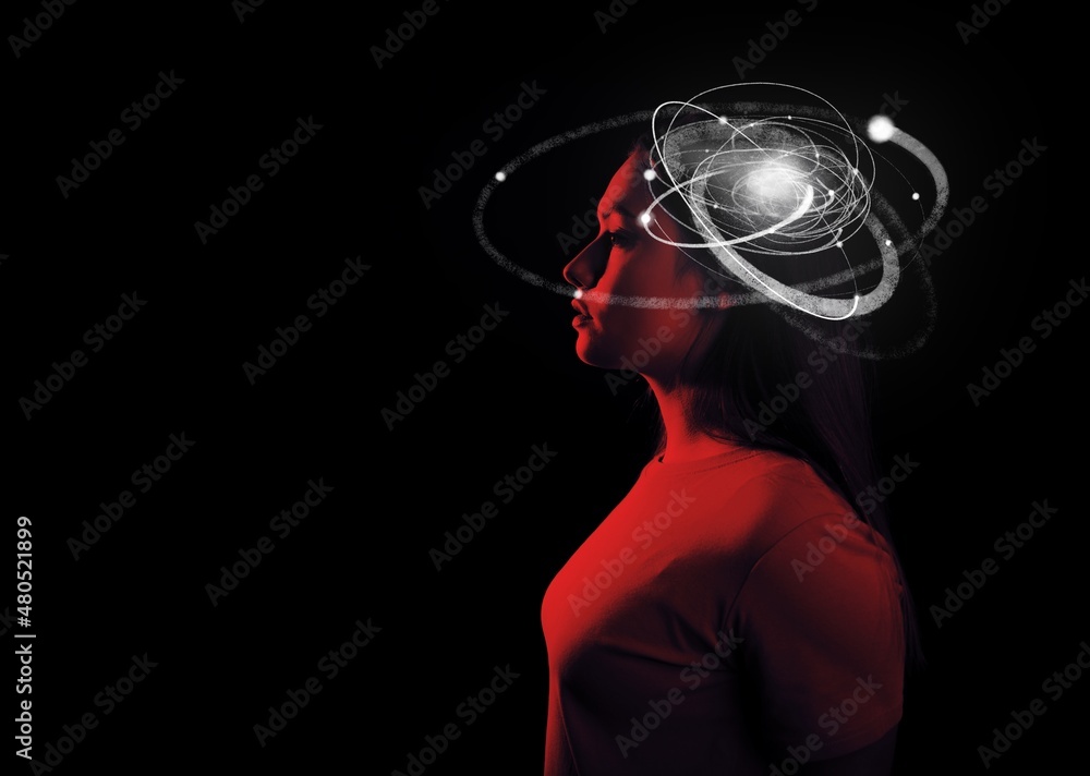 Psychology and brain work, cognitive sciences. A young woman in profile ...