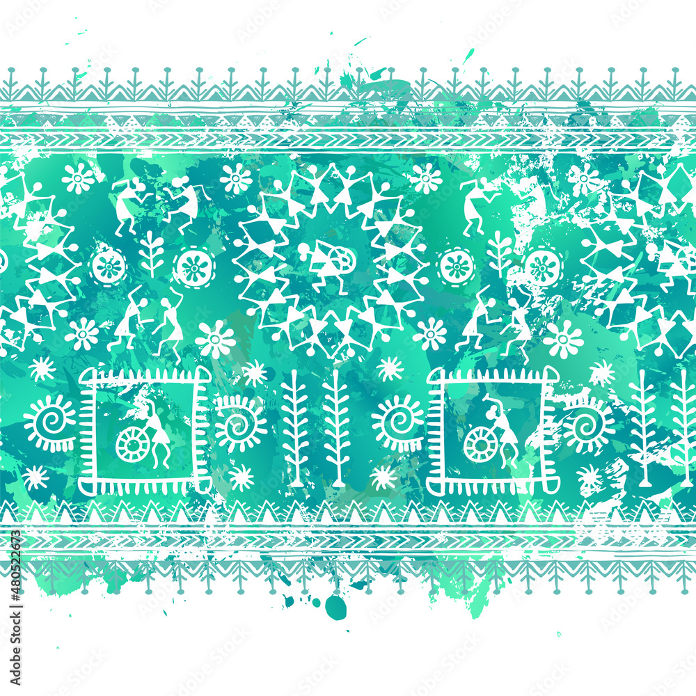 Warli Art painting seamless pattern - hand drawn traditional the ...