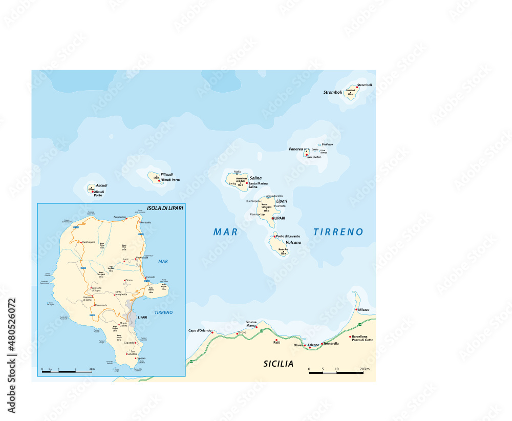 Vetor de road map of Lipari Island and Aeolian Islands, Sicily, Italy ...