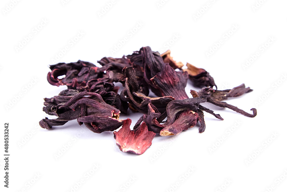 Hibiscus flower red tea karkade, dried petals of Sudanese rose isolated ...