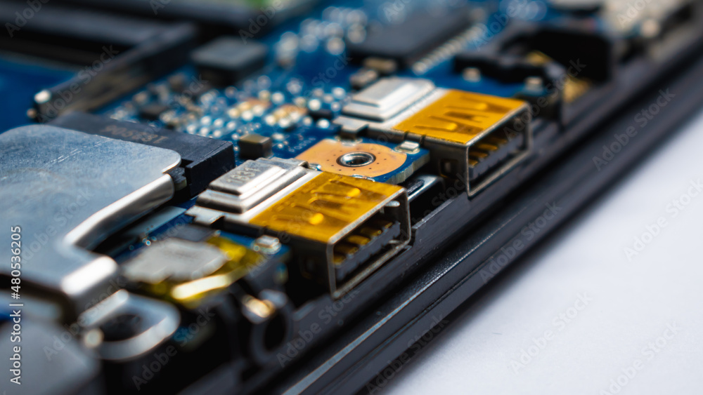 2 USB ports in laptop motherboard ,focused view, white background Stock ...