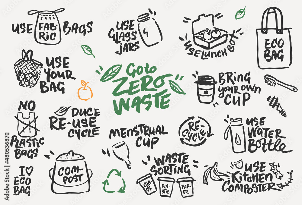 Zero Waste Eco Concept. Black&White Sustainable Lifestyle Icons and ...