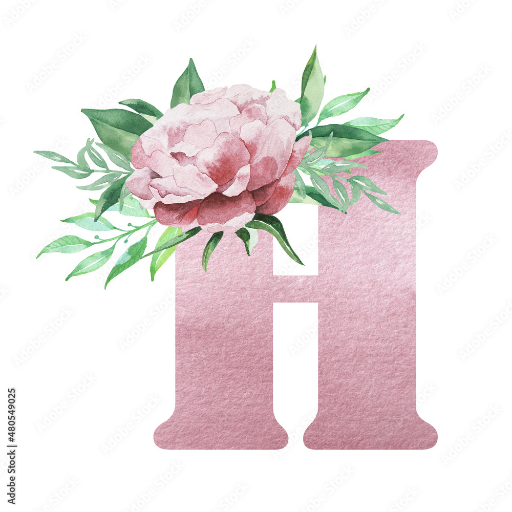 Floral alphabet watercolor pink color letter H with flowers bouquet ...