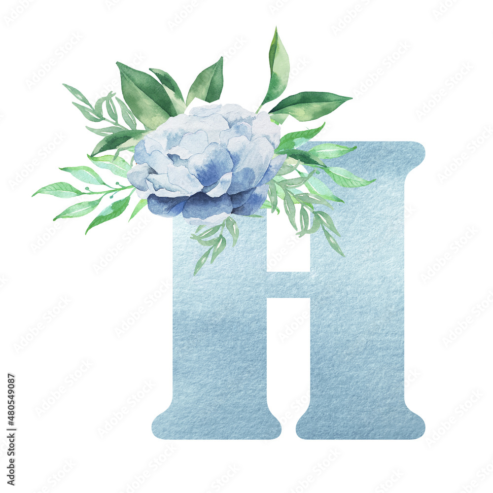 Floral alphabet watercolor blue color letter H with flowers bouquet ...