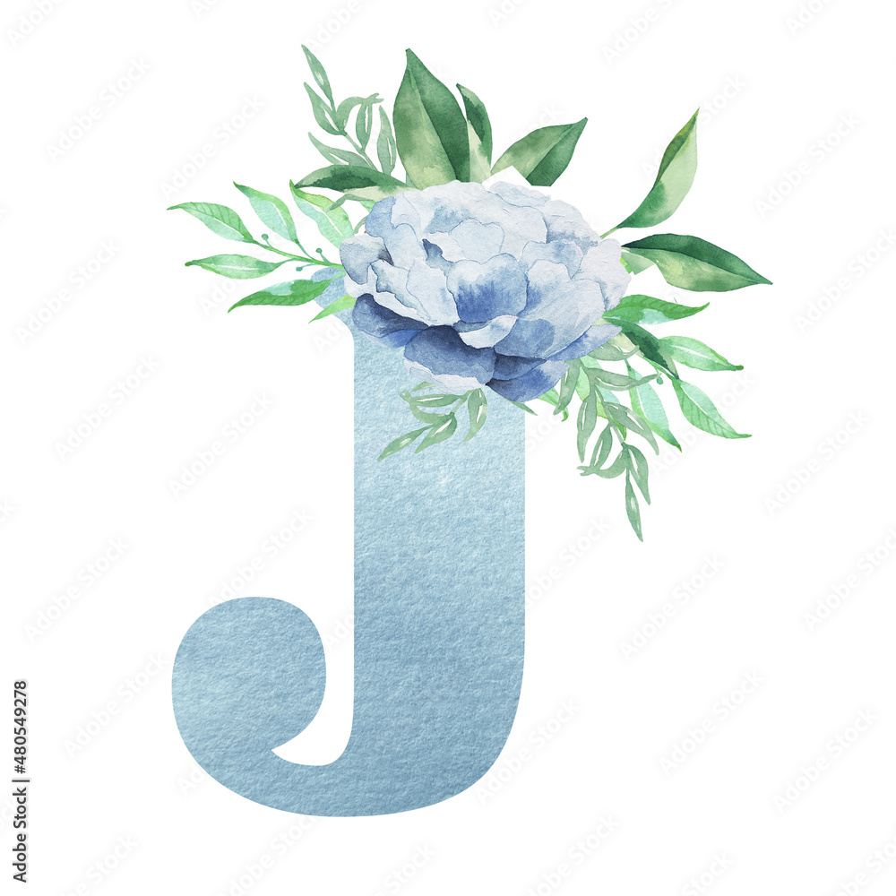 Floral alphabet watercolor blue color letter J with flowers bouquet ...
