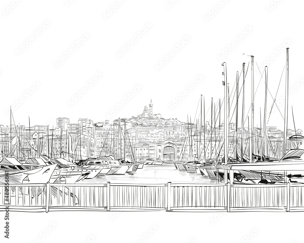 France. Marseille. Old port. Notre-Dame de la Garde. Hand drawn sketch ...
