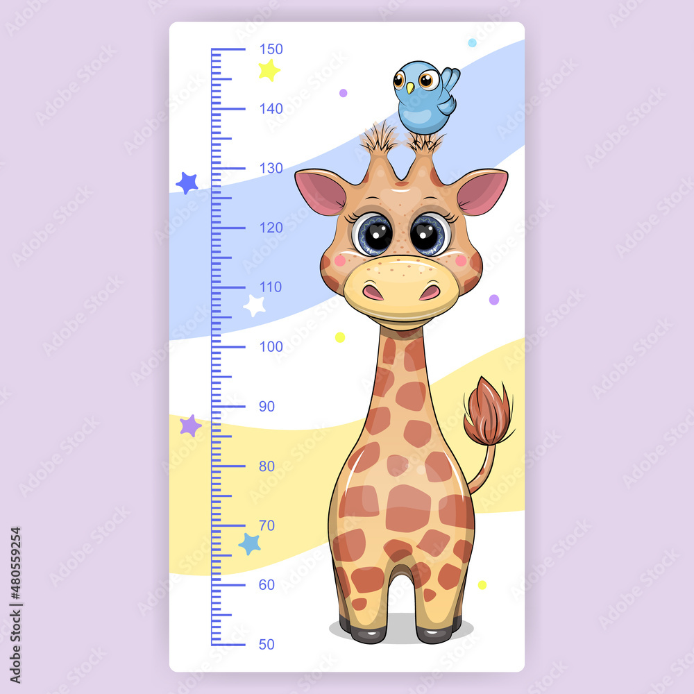 Cute cartoon height chart with giraffe and bird. Vector illustration ...