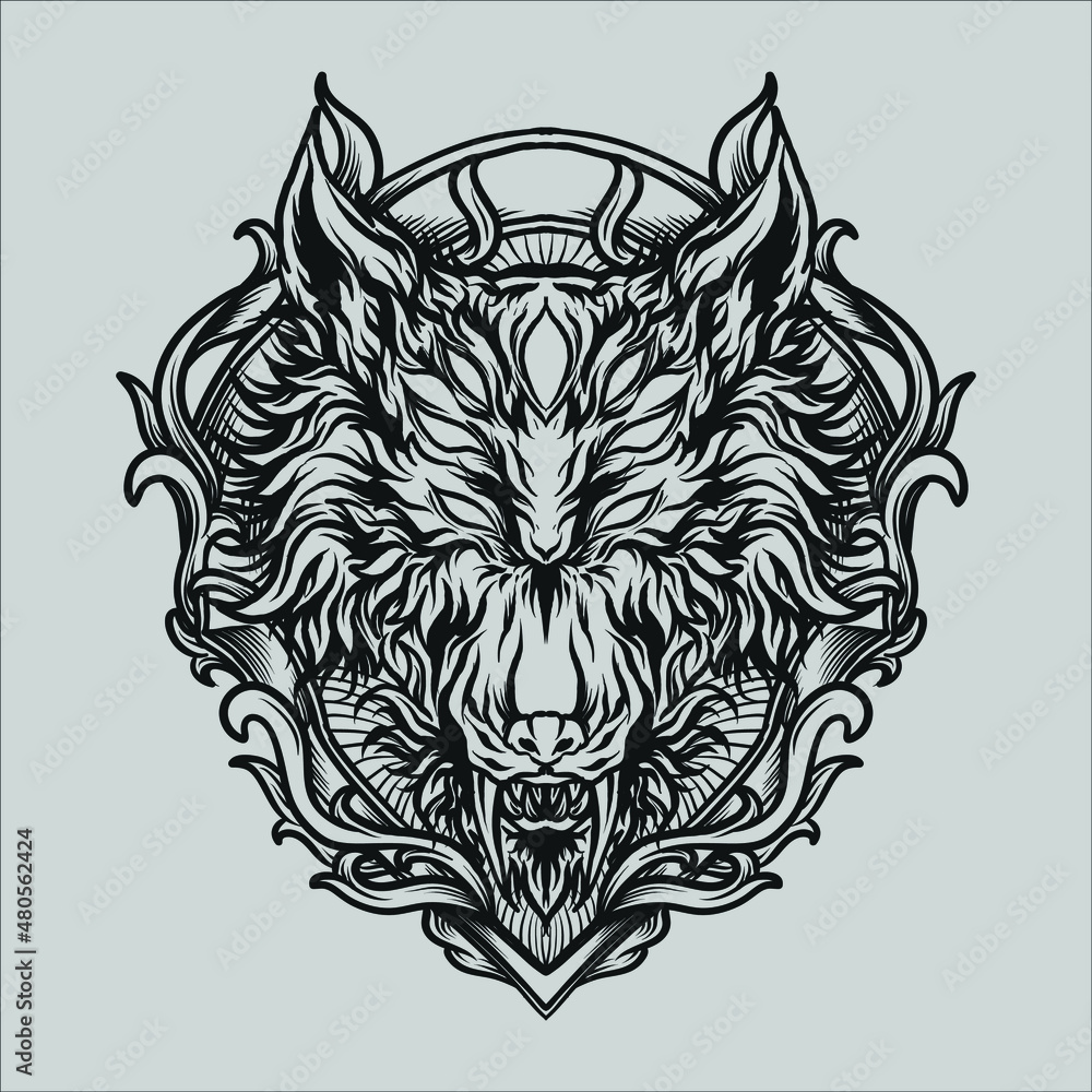 Poster tattoo and t shirt design black and white hand drawn alien wolf ...