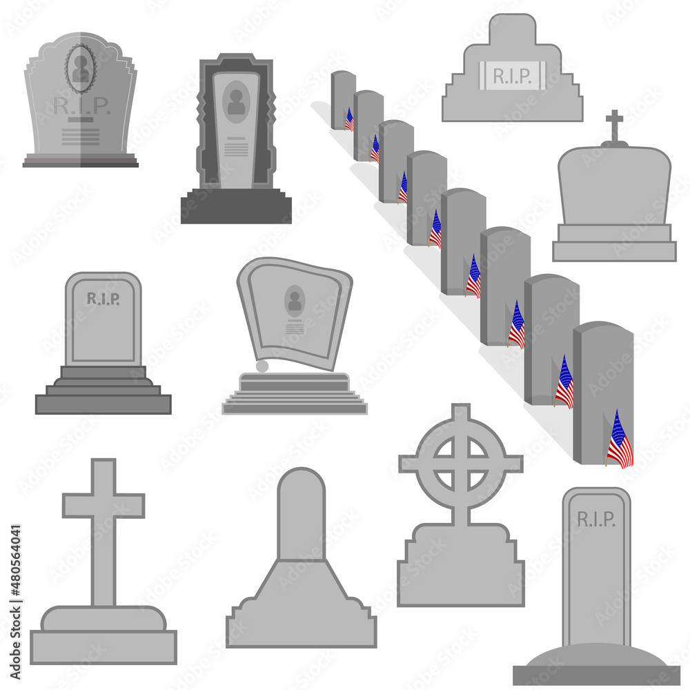 Grey Gravestone Icon Set Isolated on White Background. Flat Design ...