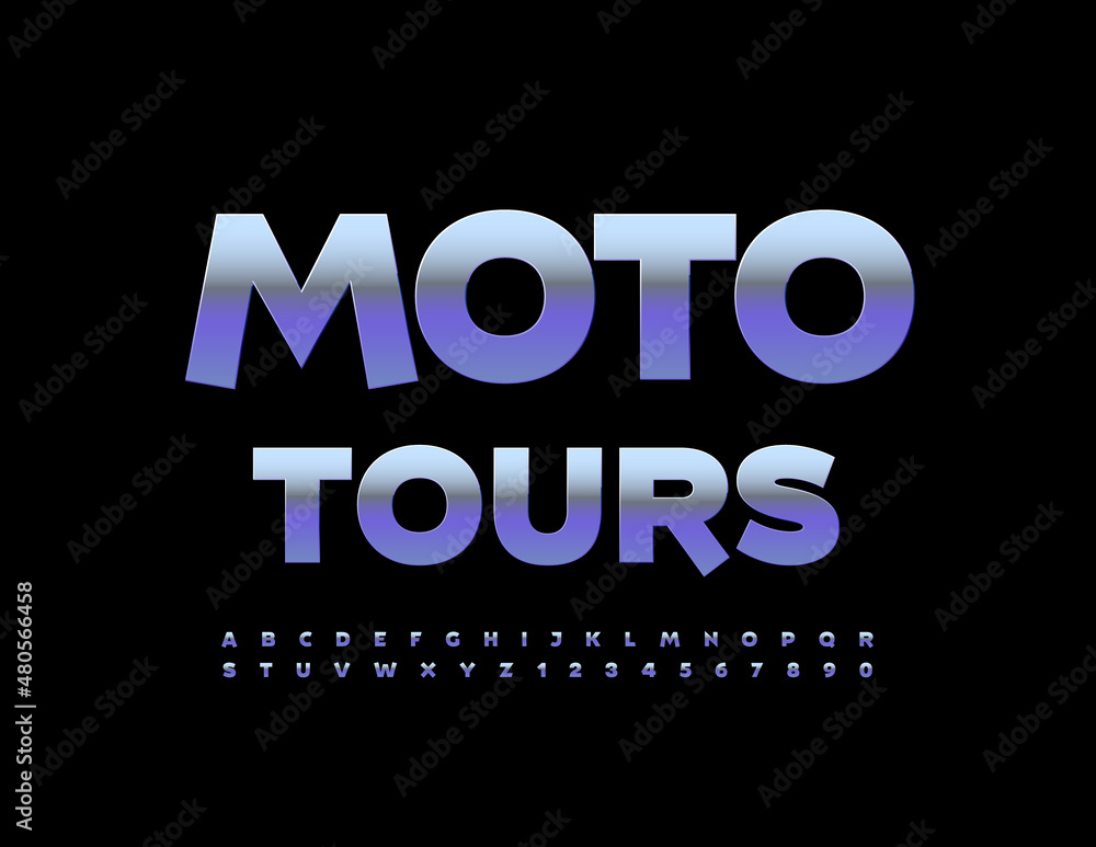 Vector silver Emblem Moto Tours. Trendy Steel Font. Metallic Alphabet ...