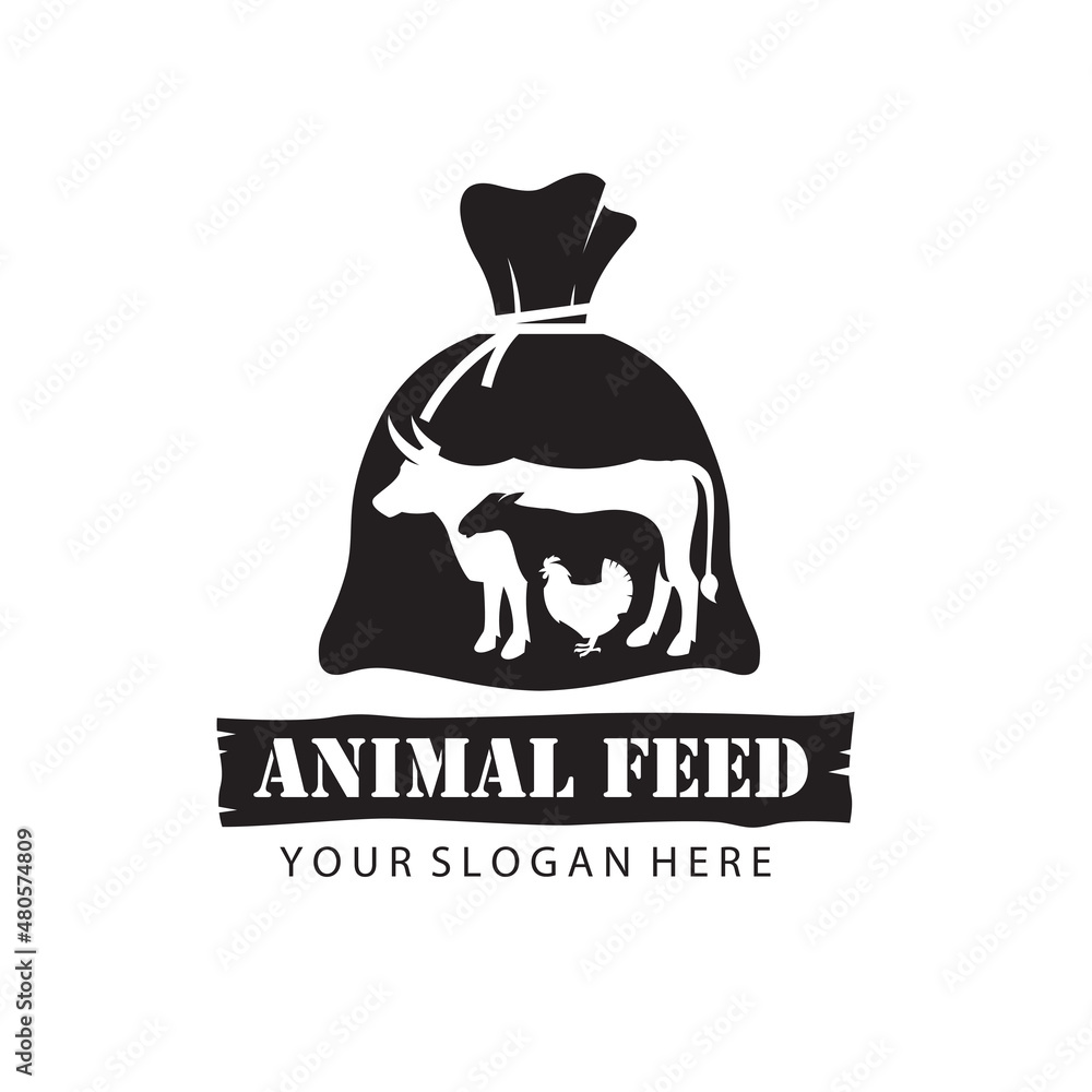 farm animals feed in sack with cow, chicken and sheep isolated on white ...