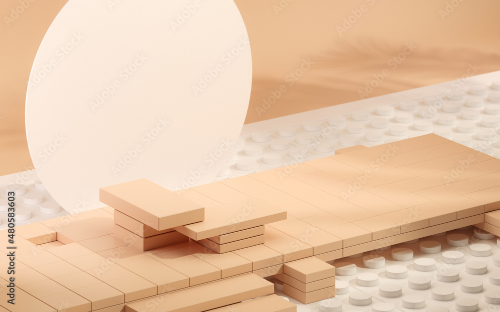 bricks and podium. White and beige plastic Building Block on pastel ...
