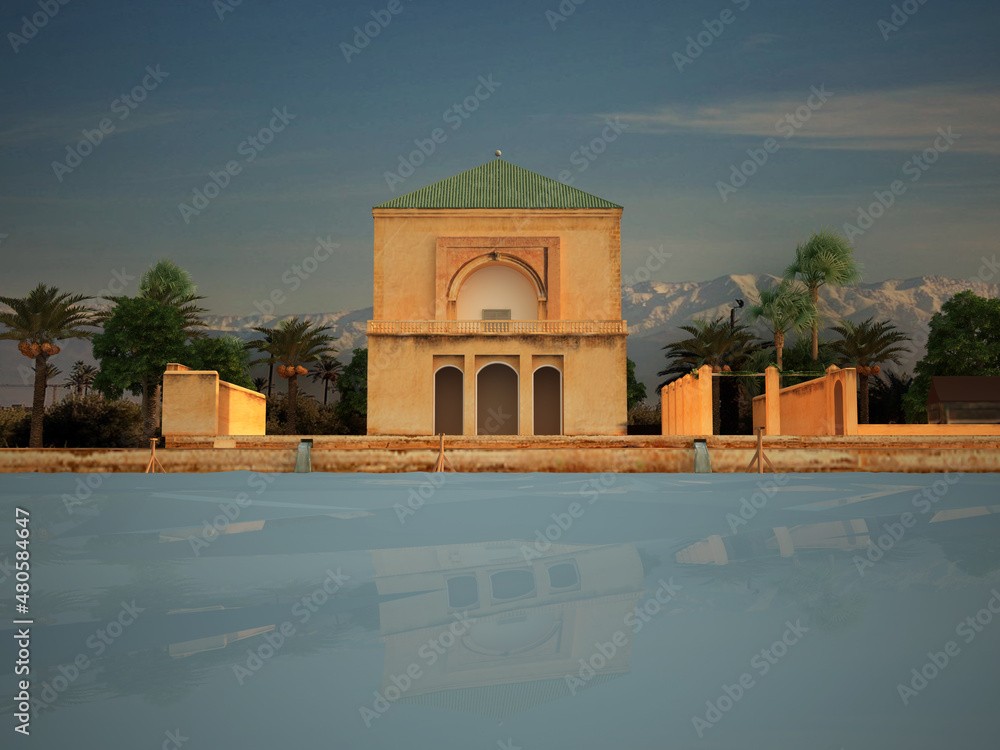 Saadian pavilion, Menara gardens, and Atlas in Marrakech, Menara ...