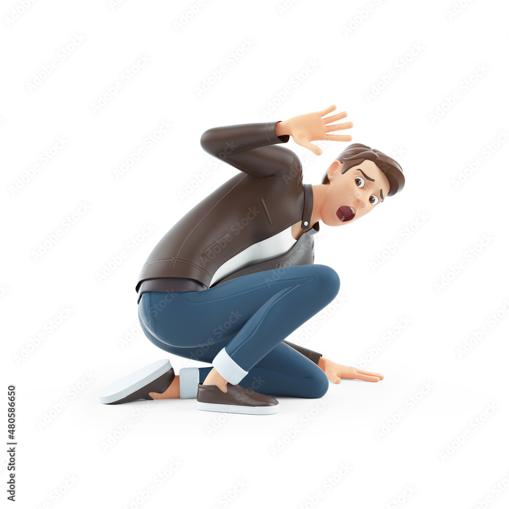 3d scared cartoon man sitting on the floor Stock Illustration | Adobe Stock