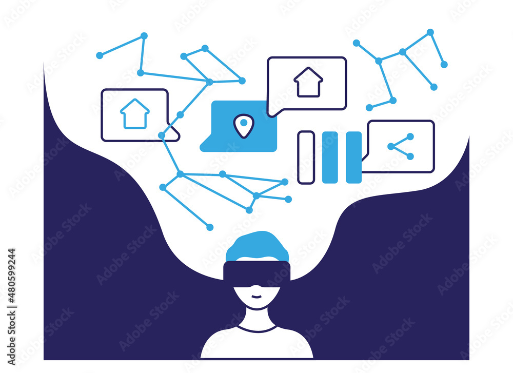 Metaverse banner. Masked man vr, online. Symbols of the Internet of the ...