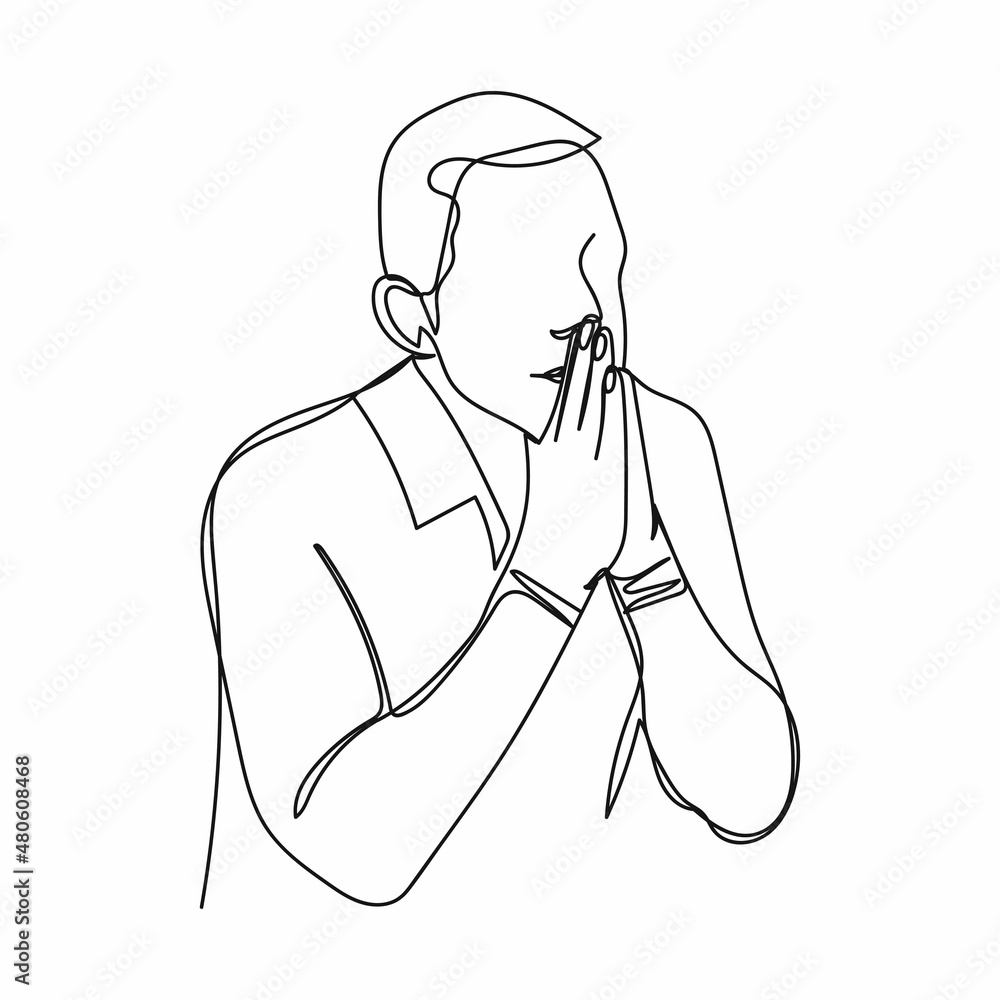 Continuous one simple single abstract line drawing of man male praying ...