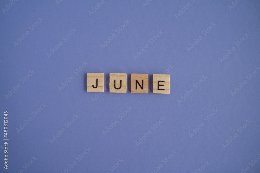 The name of the month of June is written on wooden cubes isolated. Very ...