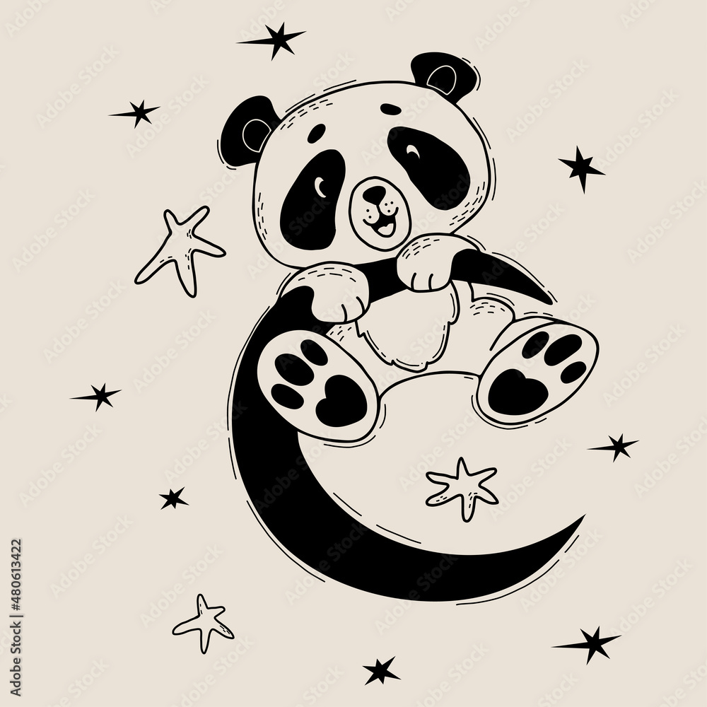 Cute joyful panda on moon. Vector illustration. Character - Cute animal ...