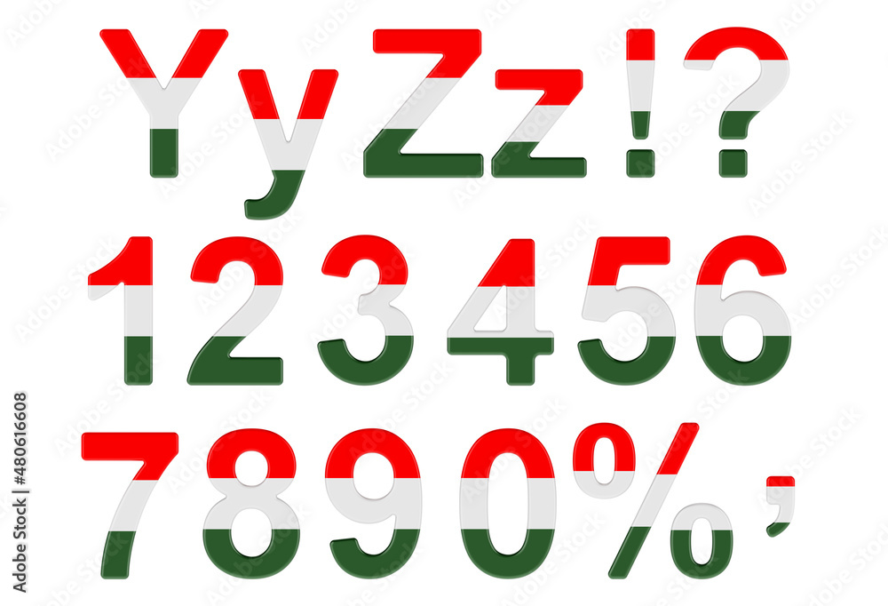 Letters, numbers and punctuation marks with Hungarian flag. Y, Z, 1, 2 ...
