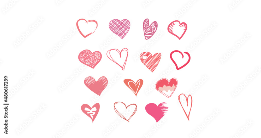 Collection of hand drawn decorative red and pink hearts. Vector symbols ...