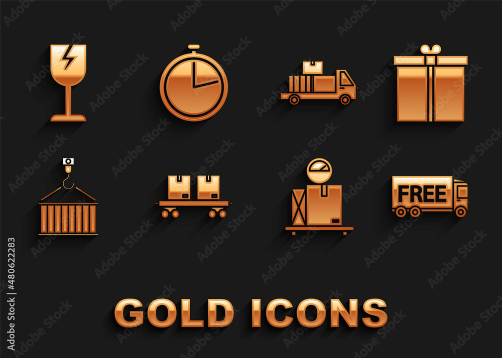 Set Railway carriage, Gift box, Free delivery service, Scale with cardboard, Container on crane ...