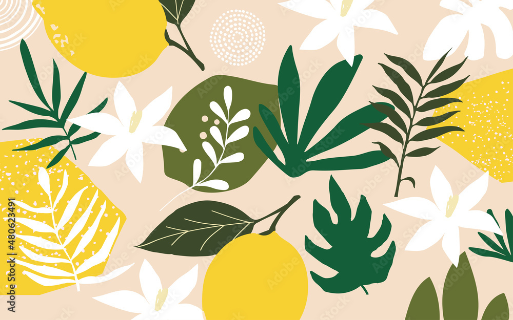 Botanical poster vector illustration. Foliage drawing with abstract ...