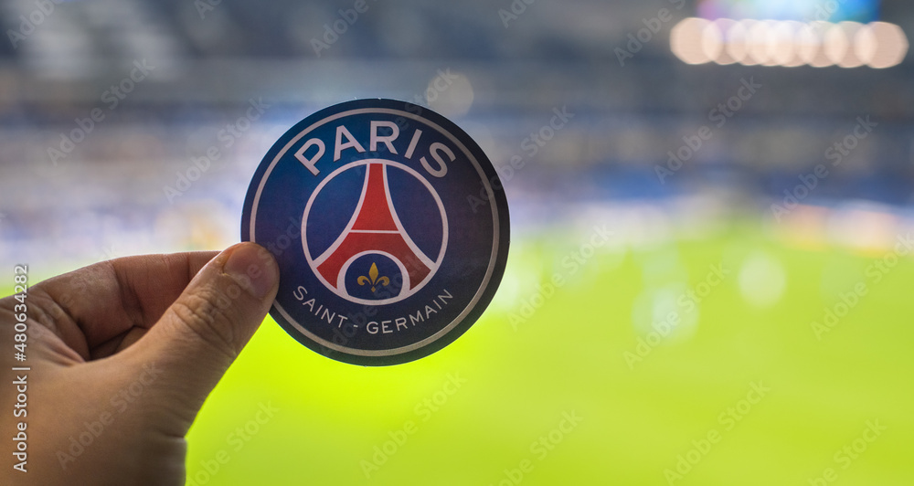 August 30, 2021, Paris, France. The emblem of the football club Paris ...