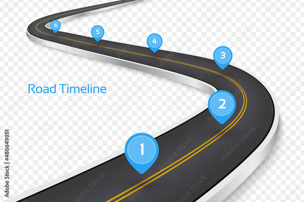 Winding 3D road concept on a transparent background. Timeline template ...