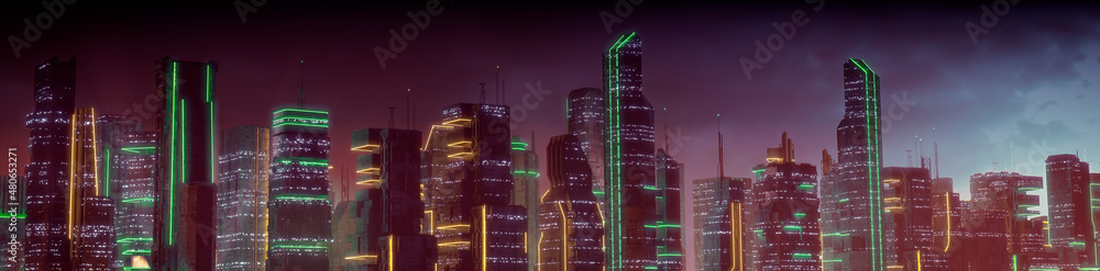 Futuristic Metropolis with Orange and Green Neon lights. Night scene ...