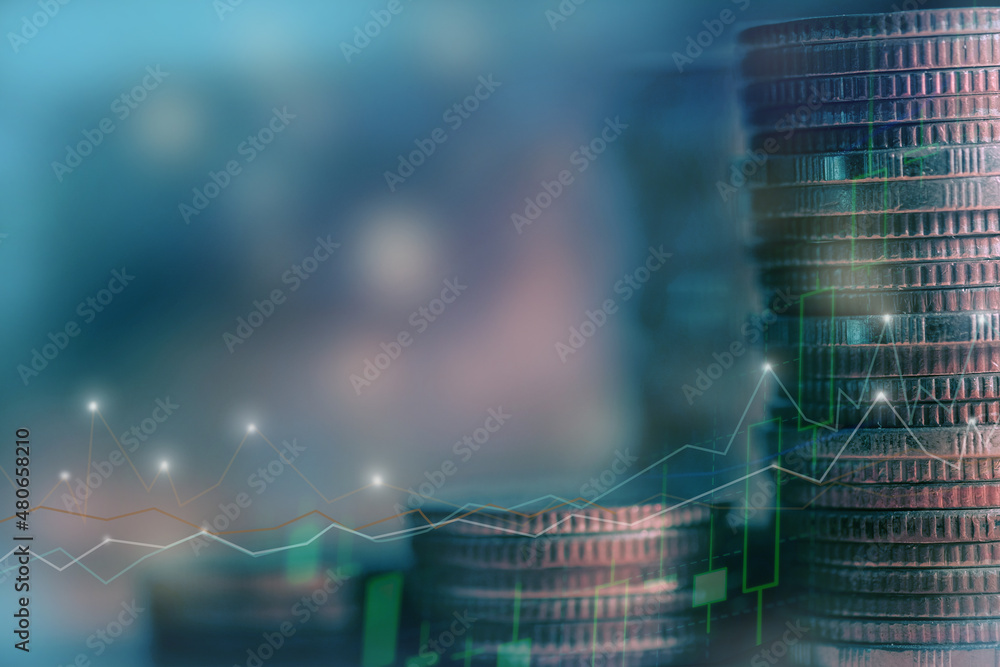 Financial investment concept, Double exposure of city night and stack ...