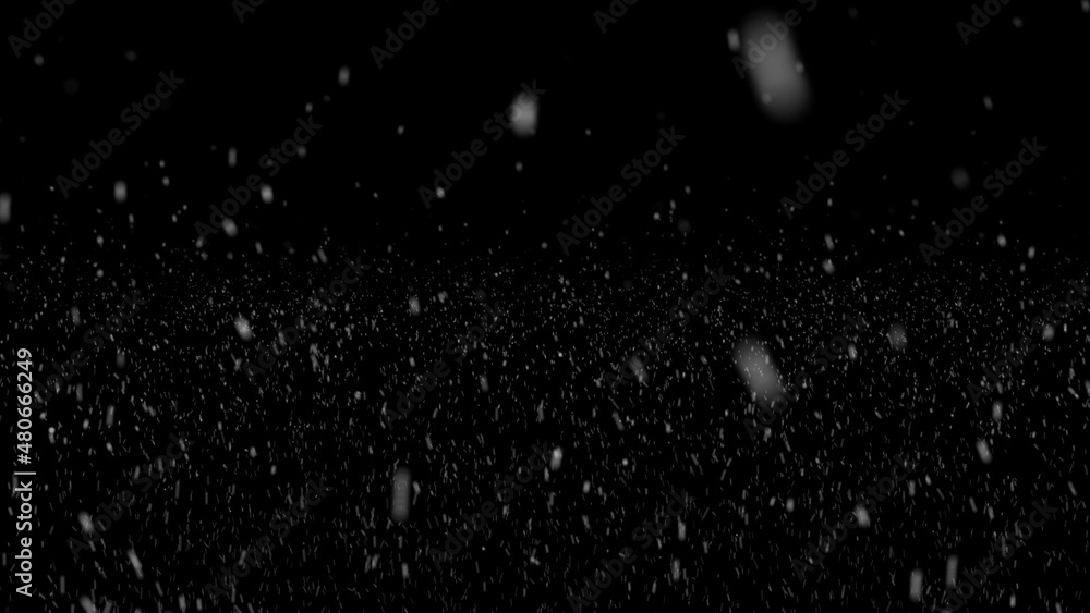 Falling snow at night. Bokeh lights on black background, flying ...