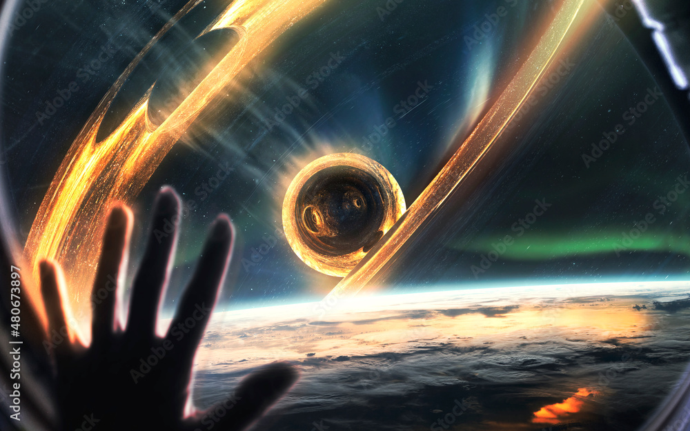 Human looks out the window of a spaceship into space. 5K realistic ...