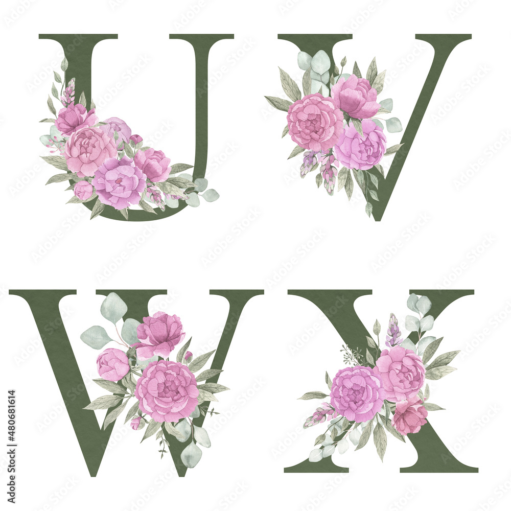 Floral vintage gray-green alphabet, letters set decorated of watercolor ...