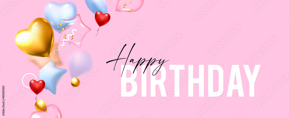 Happy Birthday with foil balloons. Glossy celebration design template ...