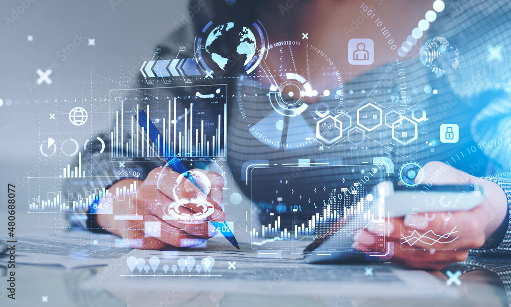 Office woman with pen and phone, graph chart with financial data and ...