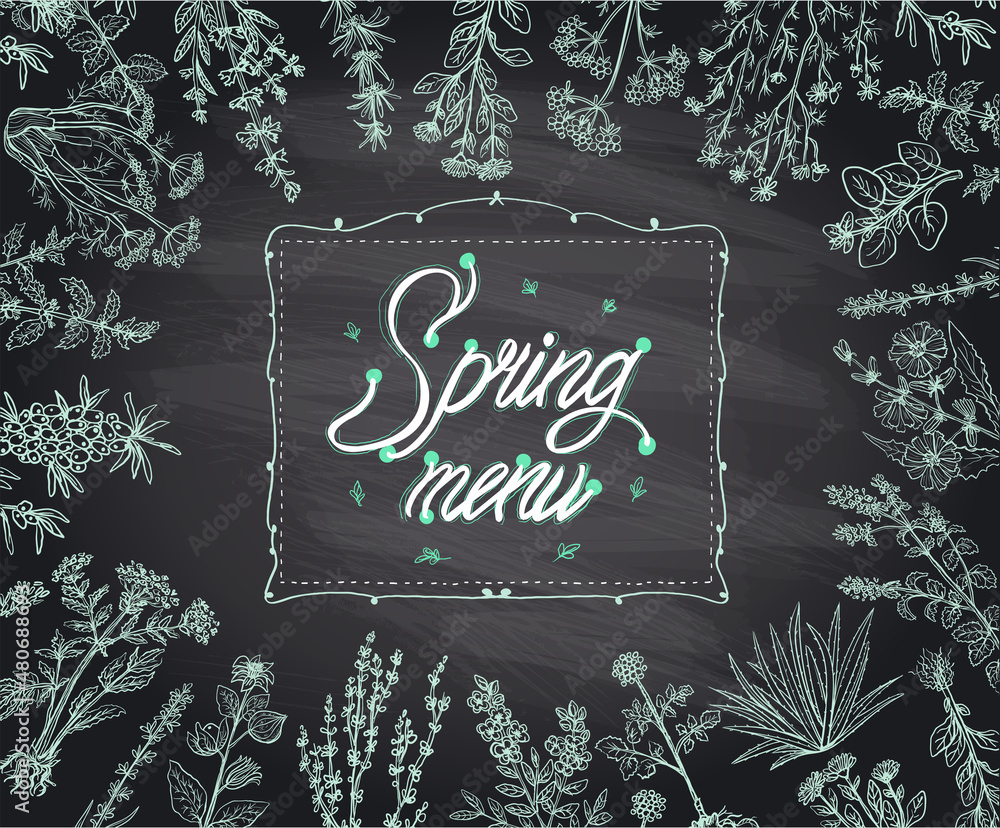 Chalk spring menu with herbal frame on a blackboard Stock Illustration ...