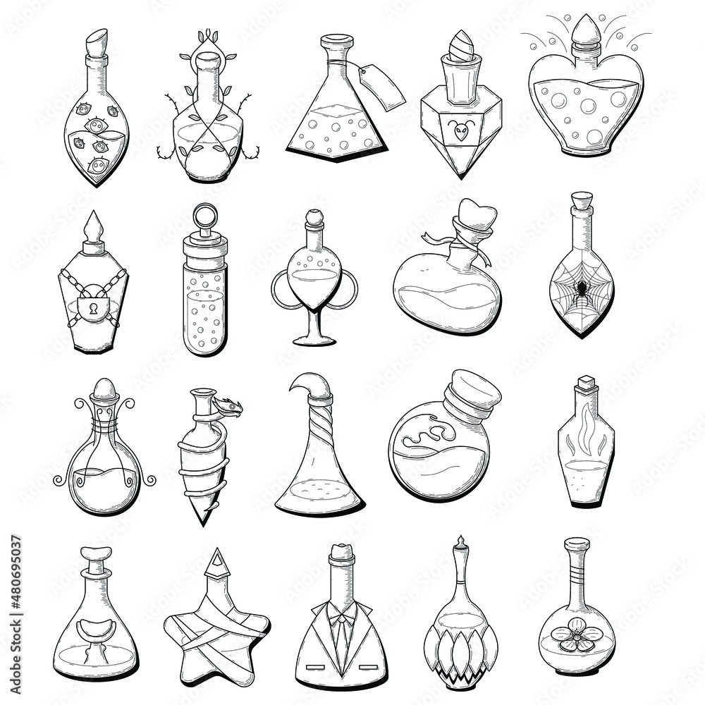 Set Black Simple Collection Line Glass Flask Doodle Outline Potion ...