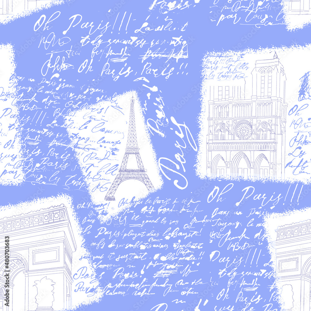 Seamless pattern with the sights of Paris in very peri color. The ...