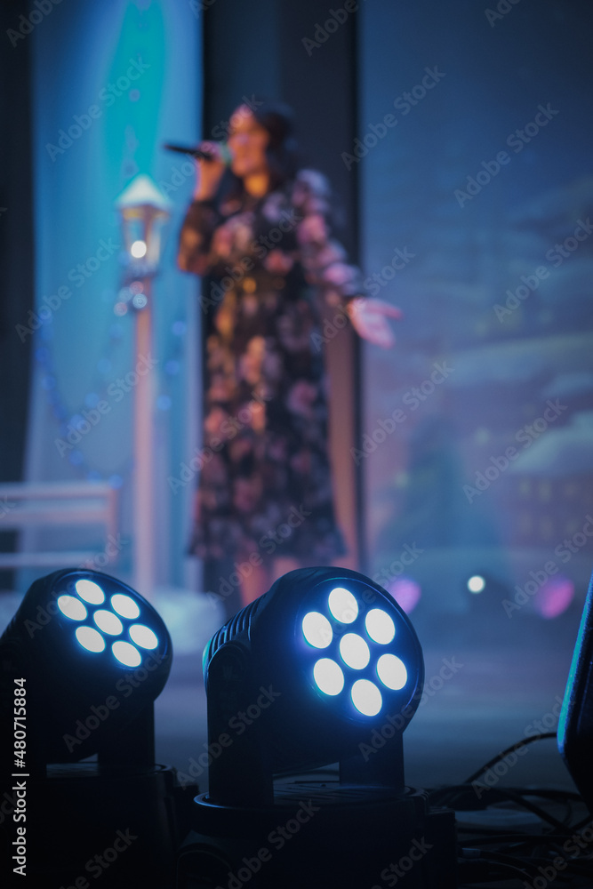 Girl in long gown performing on stage. the girl singing on the stage in ...