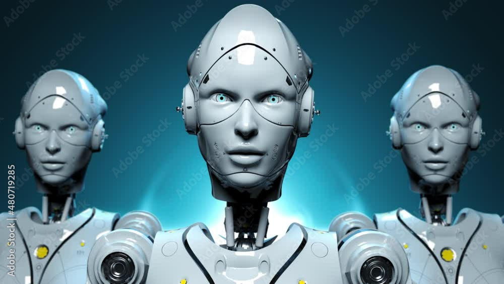 Vídeo do Stock: portrait of three robots . the robots simultaneously ...