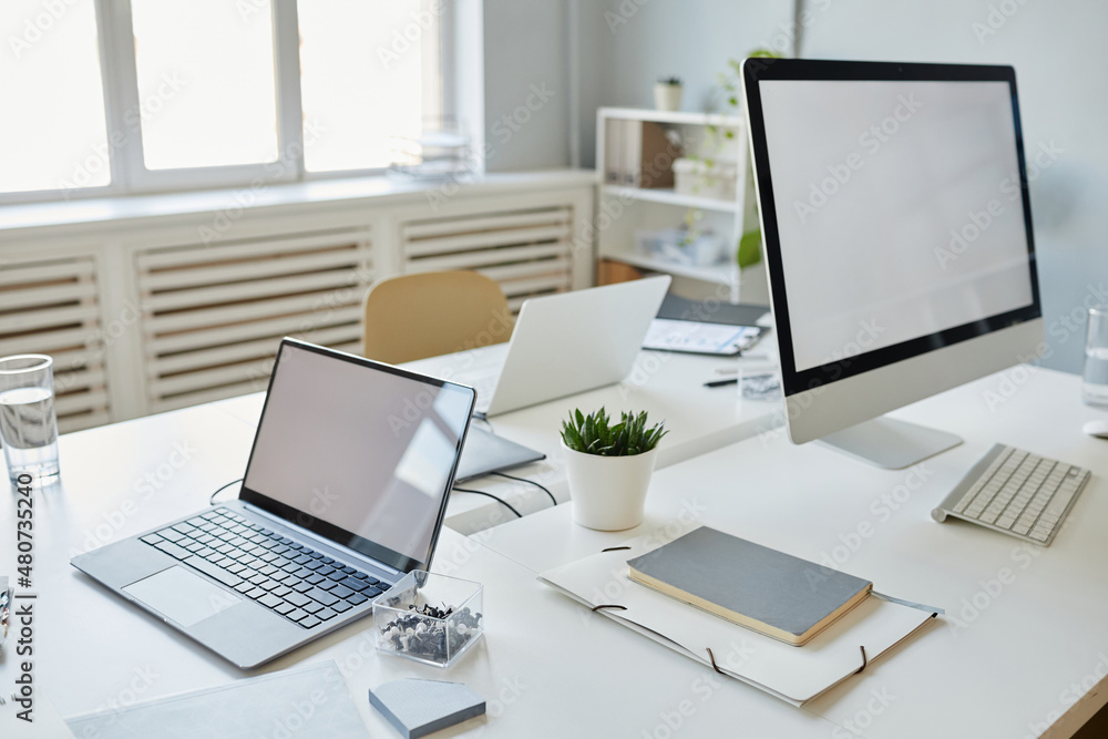 Background image of office workplace with two mock up computer screens ...