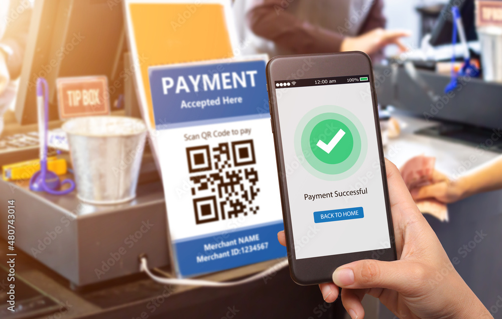 Smart retail mobile wallet payment with qr code scan concept.Hands ...