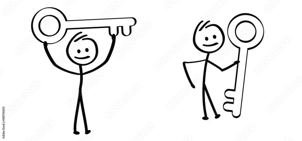 Cartoon happy man with big key. People stickman for new house, car or ...