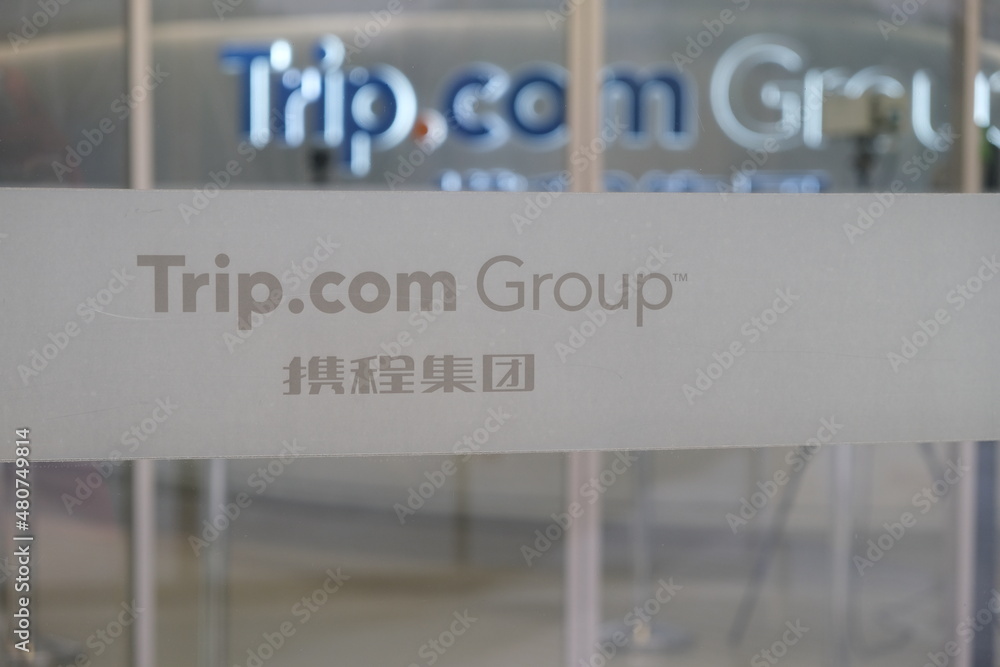 Shanghai.China-Jan. 16th 2022: close up Trip.com Group Limited company logo at office. Formerly ...